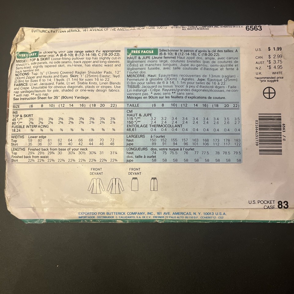 BUTTERICK See & Sew Pattern 6563 Plus Size 18-20-22 Misses Top Skirt ...