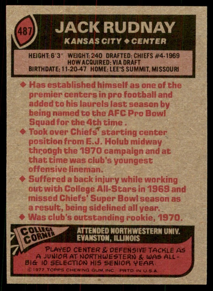 1977 Topps Jack Rudnay NM or Better Kansas City Chiefs #487 | eBay