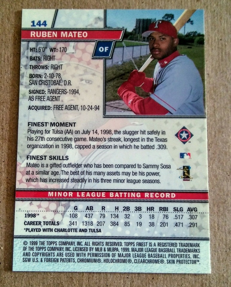 1999 FINEST ROOKIES #144 RUBEN MATEO TEXAS RANGERS ROOKIE BASEBALL CARD ...