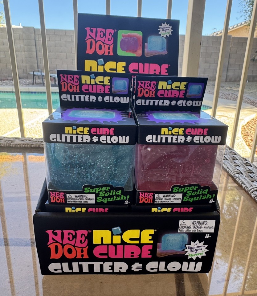 Nee Doh Nice Cube Glitter & Glow complete NEEDOH Set Blue, Pink and ...