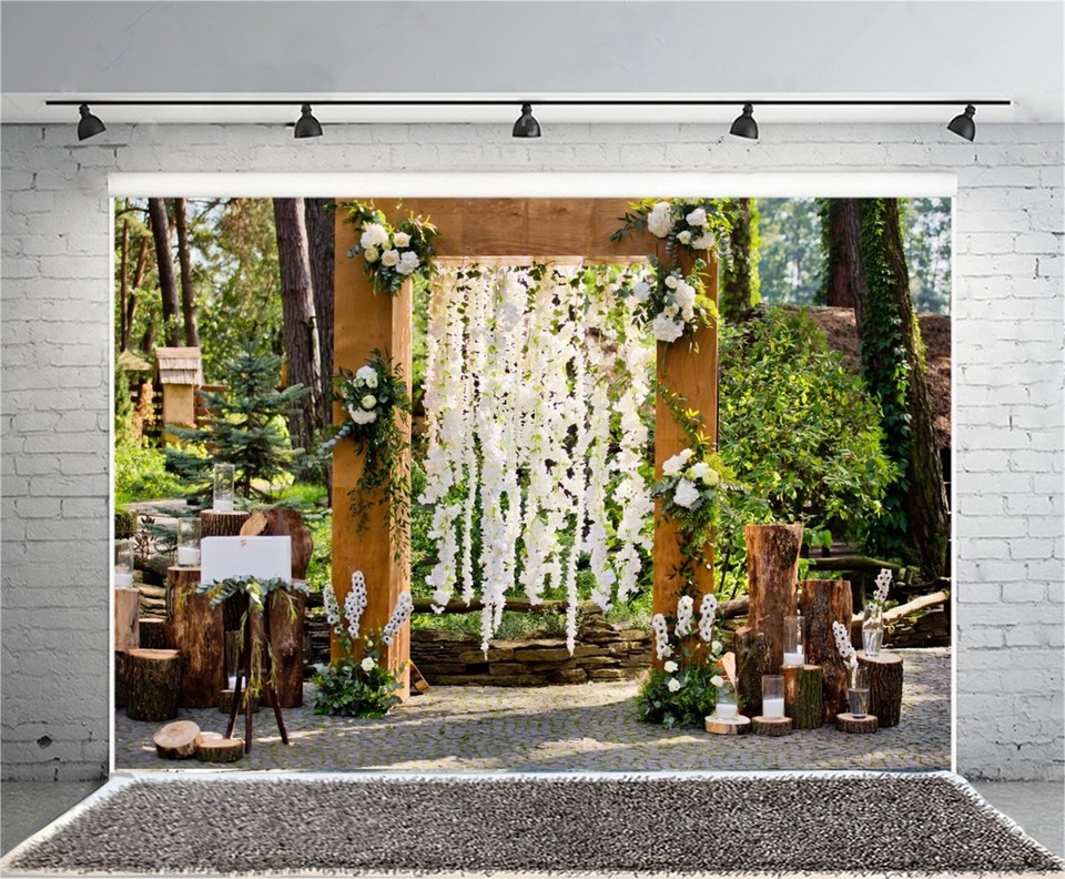10x7ft Country Wedding Backdrop Rustic Wood White Flower Curtains ...