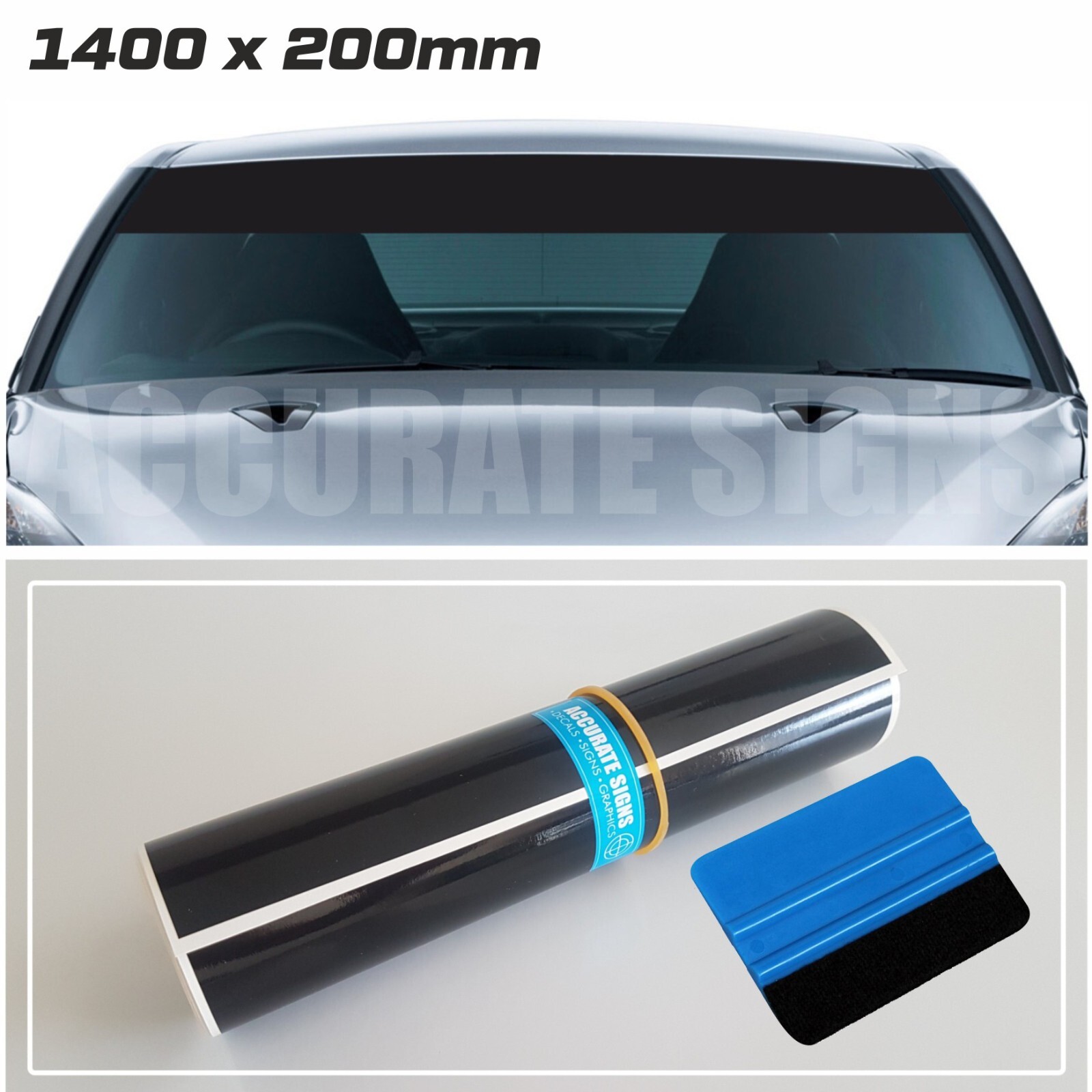 GLOSS BLACK Sunstrip Universal 1400 x 200 mm Sun Strip with squeegee ...