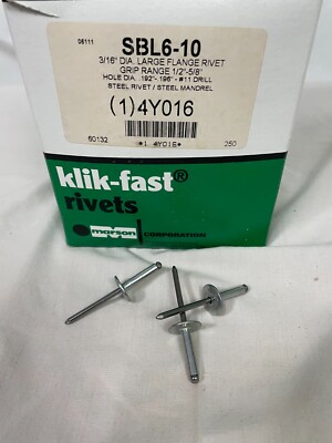 Box of 250 Marson Klik-Fast SBL6-10 3/16 Large Flange Steel Rivets .192 ...