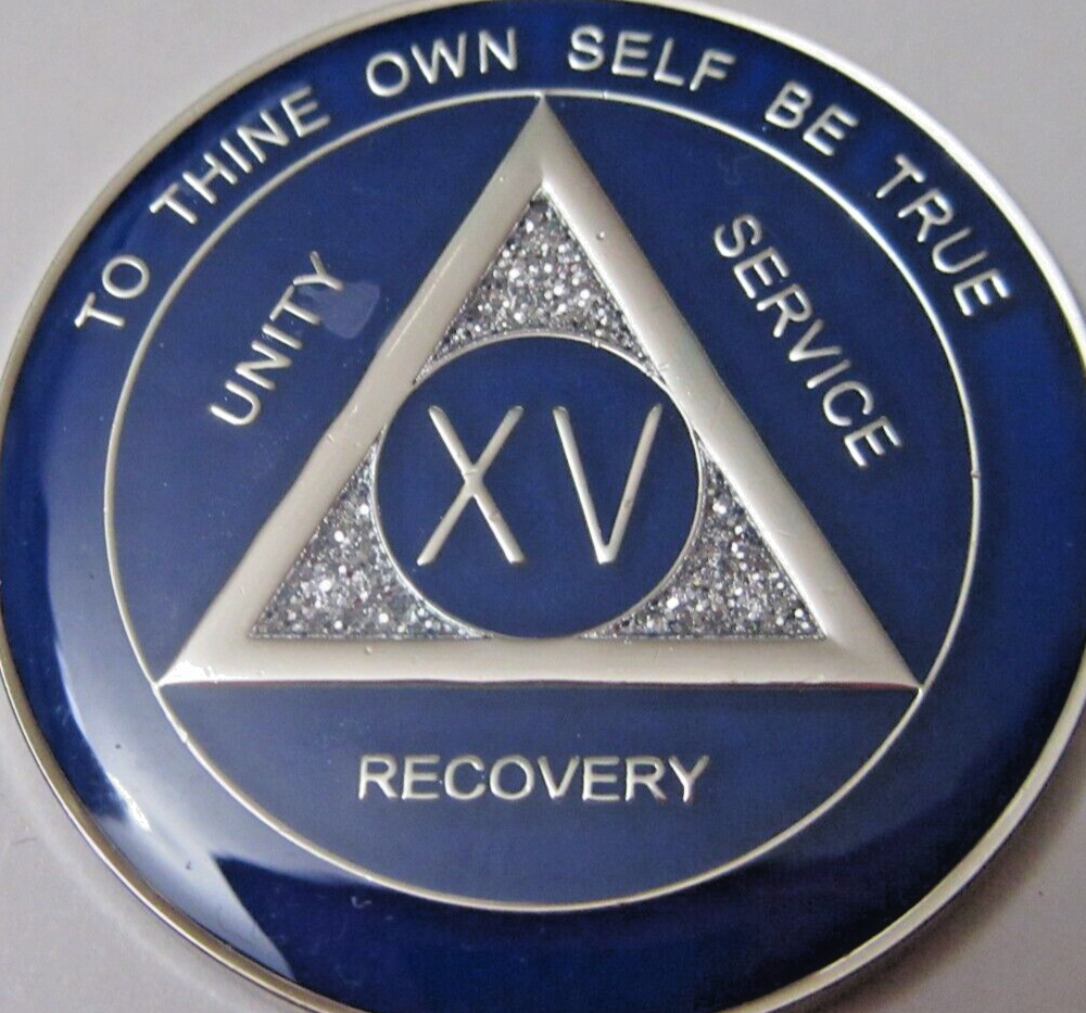 Blue Silver SPARKLE Alcoholics Anonymous 15 Year AA Medallion Coin ...