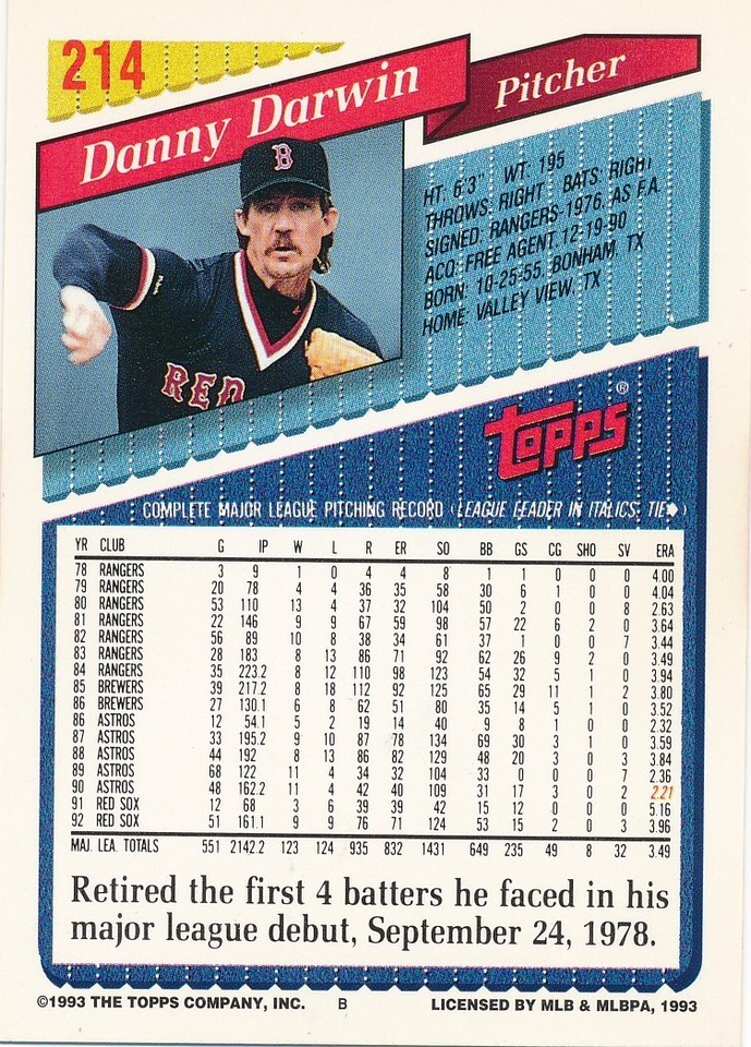 Danny Darwin Signed Autographed Boston Red Sox 1993 Topps Baseball Card ...