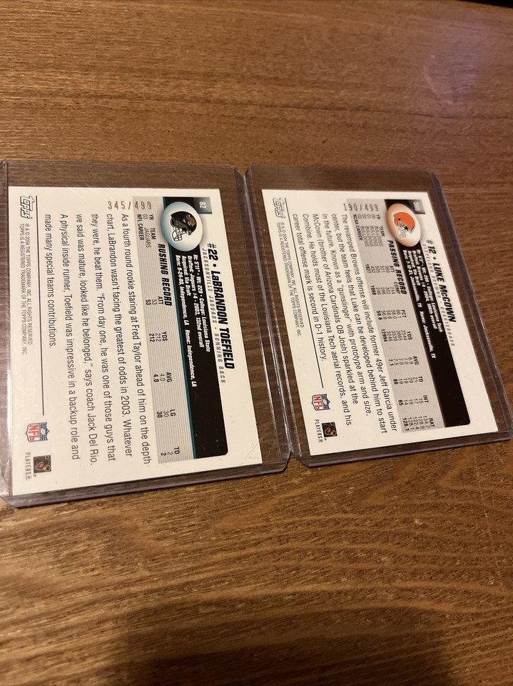 2004 Topps GOLD SP /499 Luke McCown #368 & LaBrandon Toefield #82 Cards ...