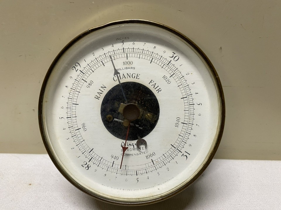 Vtg Round Brass Encased Airguide Barometer Compensated RAIN/FAIR/CHANGE ...