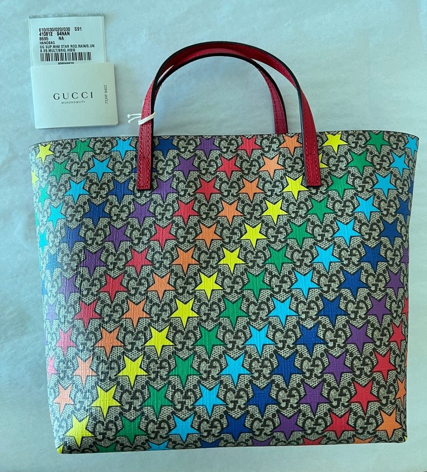 Gucci Rainbow Stars Leather Supreme Tote Handbag Bag Red Small Purse ...