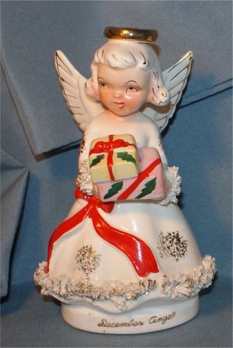 VTG Christmas "DECEMBER" Birthday angel figurine japan spaghetti trim ...