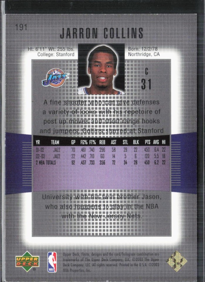 2003-04 Upper Deck Finite #191 Jarron Collins Gold #/299 Utah Jazz | eBay