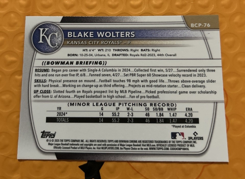 2025 Bowman #BCP-76 Blake Wolters Chrome Prospects Kansas City Royals ...