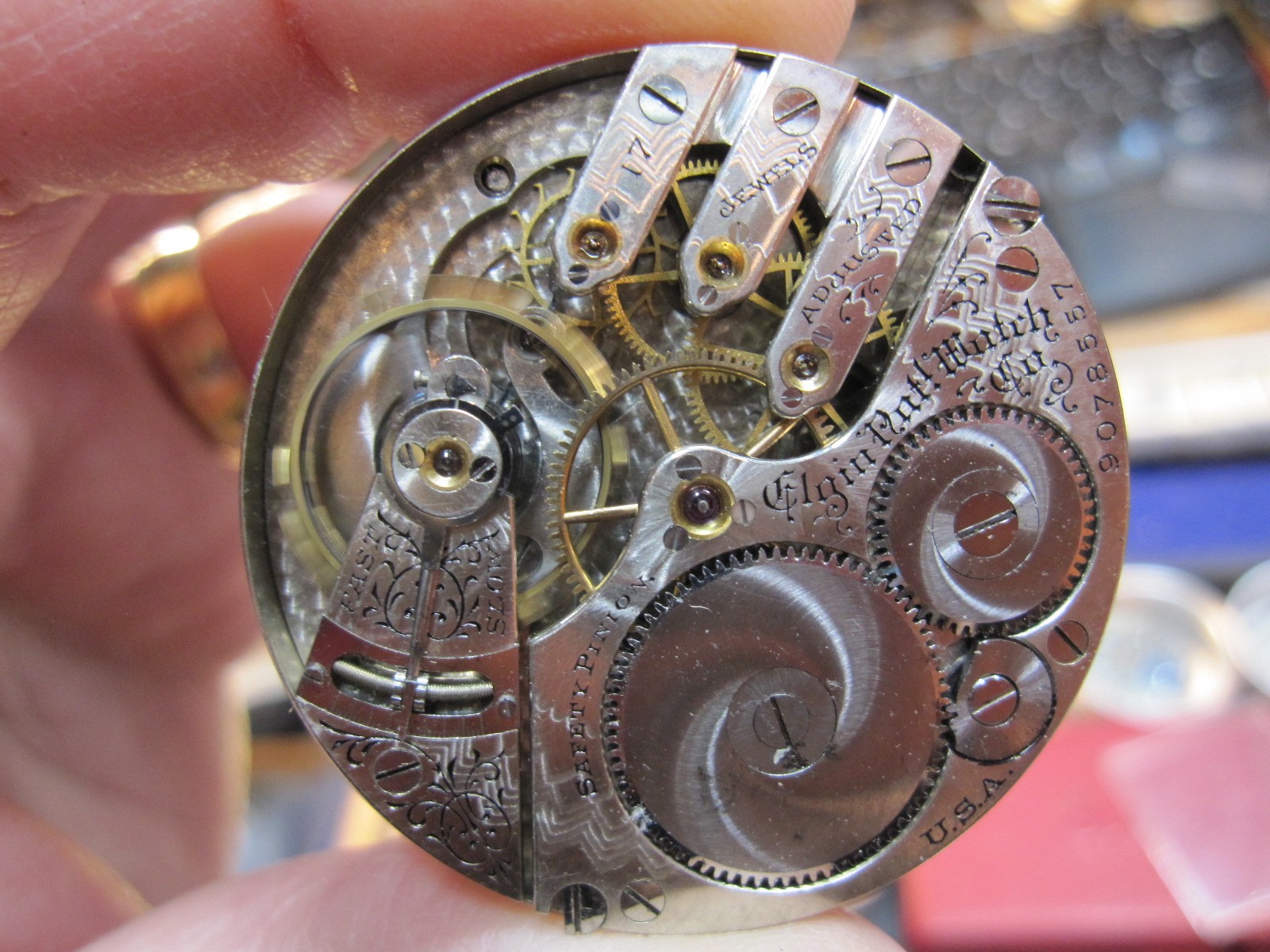 16s Elgin 17J 3 finger bridge HC pocket watch movement w cobalt & gold ...
