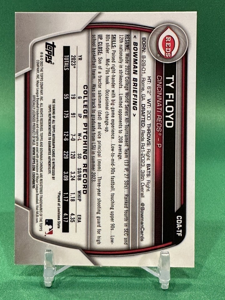 2023 Bowman Draft Chrome TY FLOYD 1st RC Prospect Auto Reds CDA-TF ...
