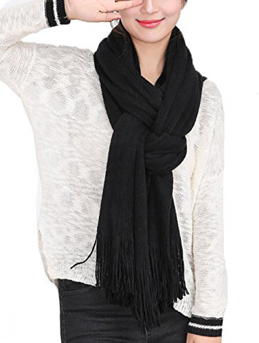 Women's Warm Long Scarves Winter Scarfs Pure Color Scarf Tassel Black ...