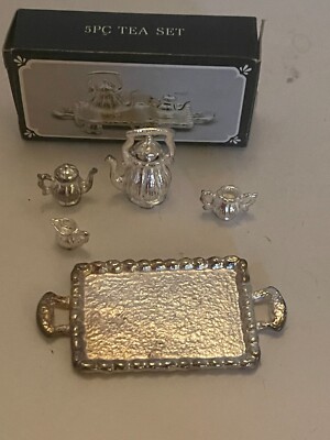 Vtg Dollhouse Miniatures Accessories Silver Tone Emson Tea Set in box ...