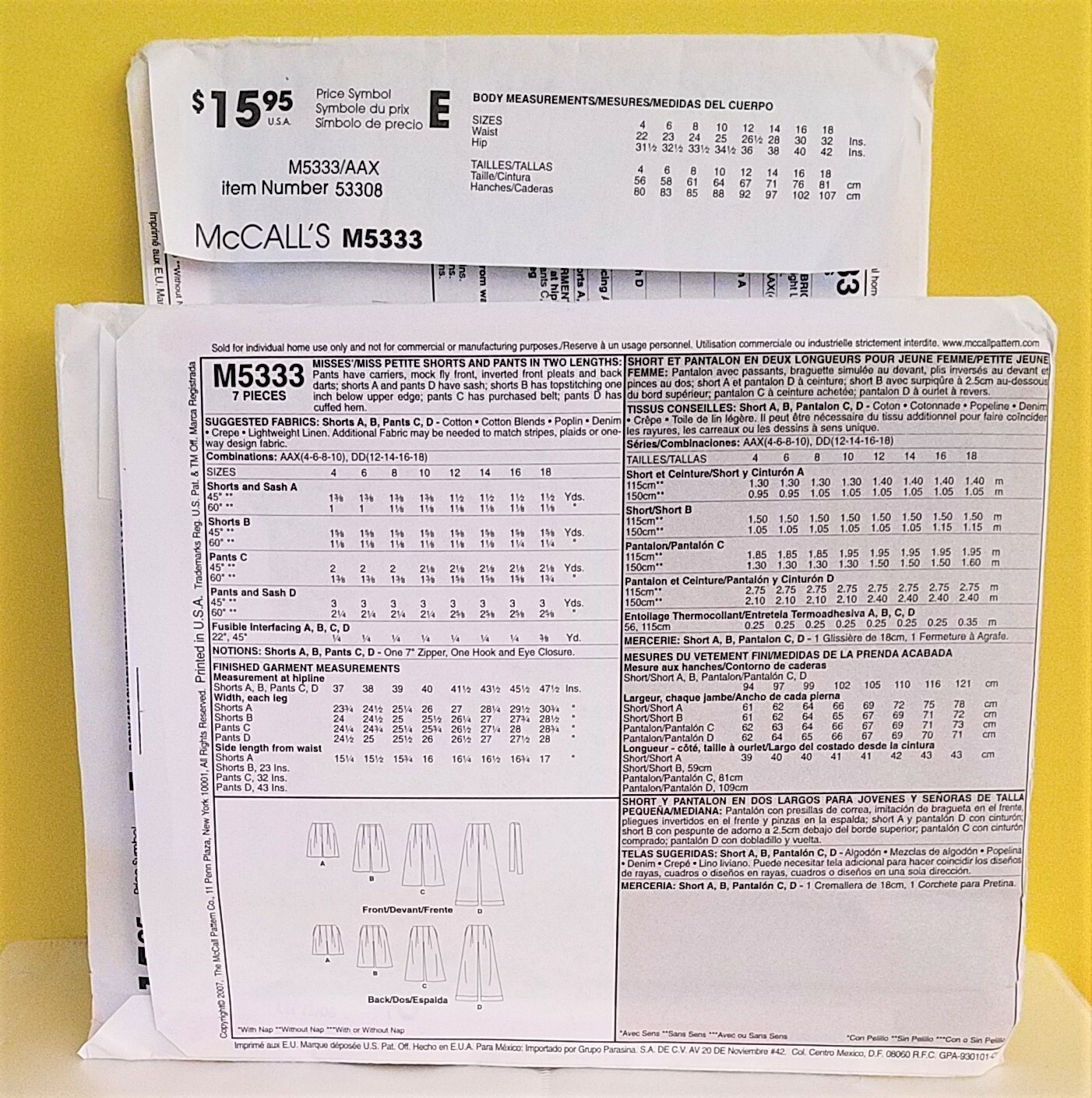 McCalls M4601 M5941 Pants Slacks Gauchos Capris Shorts Sewing Pattern ...