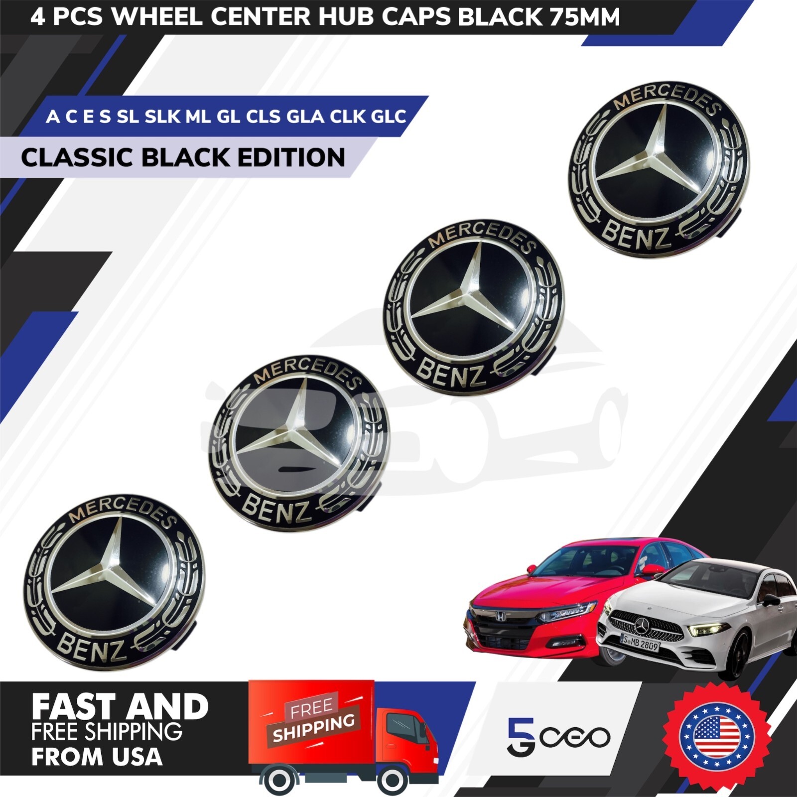 4 PCS BENZ WHEELS CENTER CAPS CLASSIC BLACK EDITION EMBLEM 75MM OEM | eBay