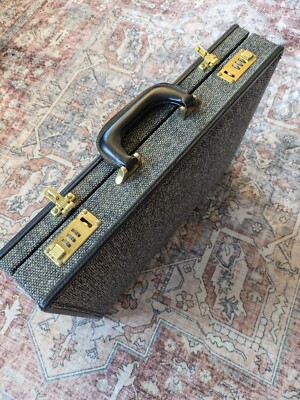 Vintage Reeo Brand Black + White Tweed Briefcase Grey Lining Gold Lock ...