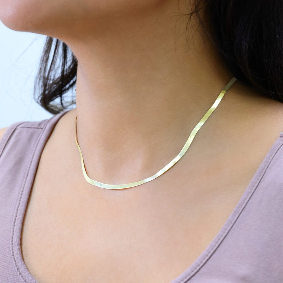 14K Yellow Gold Solid 3mm-7mm Flat Herringbone Chain Necklace Women Men ...