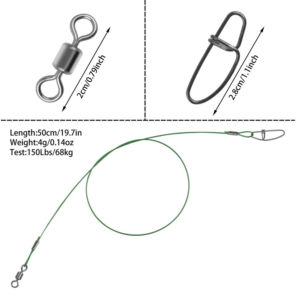 19.7"/150LB Steel Fishing Wire Leader Line Fishing Leaders with Swivels ...