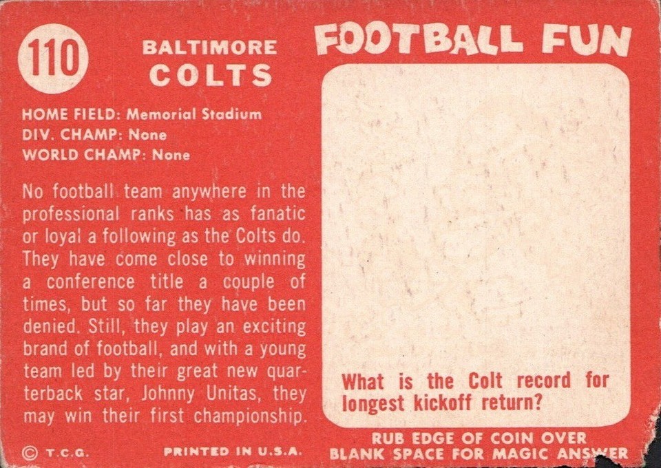 1958 Topps Football Baltimore Colts Baltimore Colts #110 Poor E619 | eBay