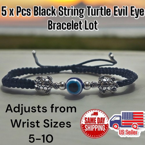 5 pcs Lot Adjustable Black Turtle Evil Eye Pull String Bracelet Sz 5-10 ...