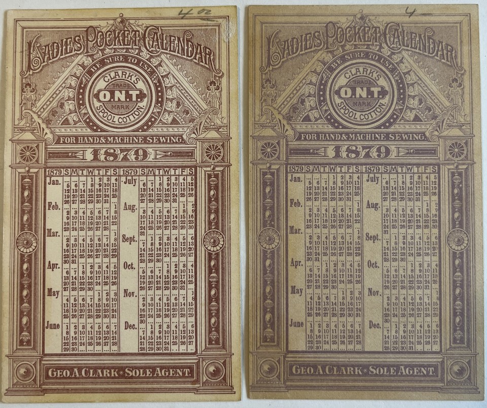 1879 ONT Clark's Spool Cotton Ladies Pocket Calendar Victorian Trade ...