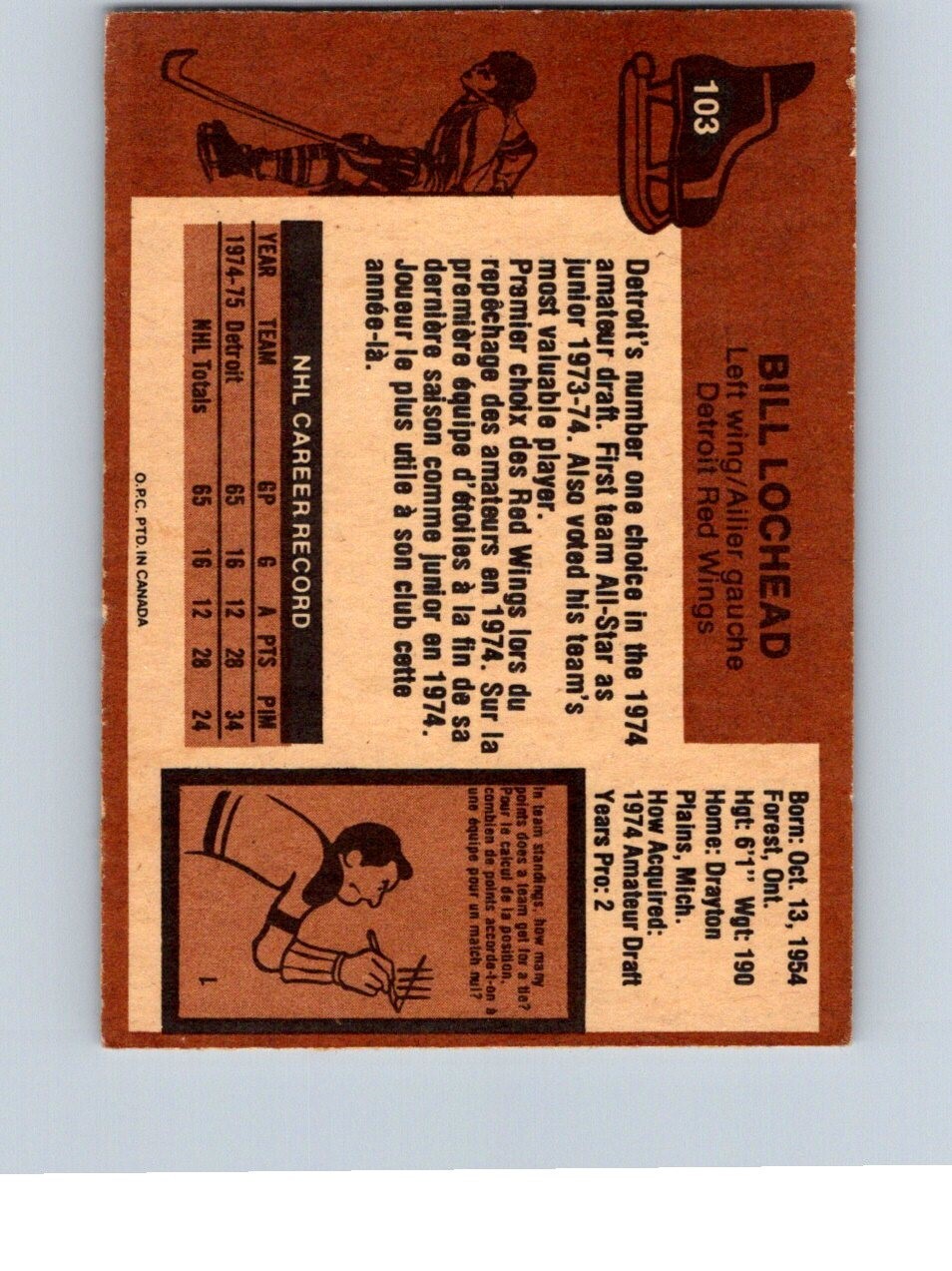 VINTAGE HOCKEY CARD O-PEE-CHEE 1975 DETROIT RED WINGS BILL LOCHEAD ...