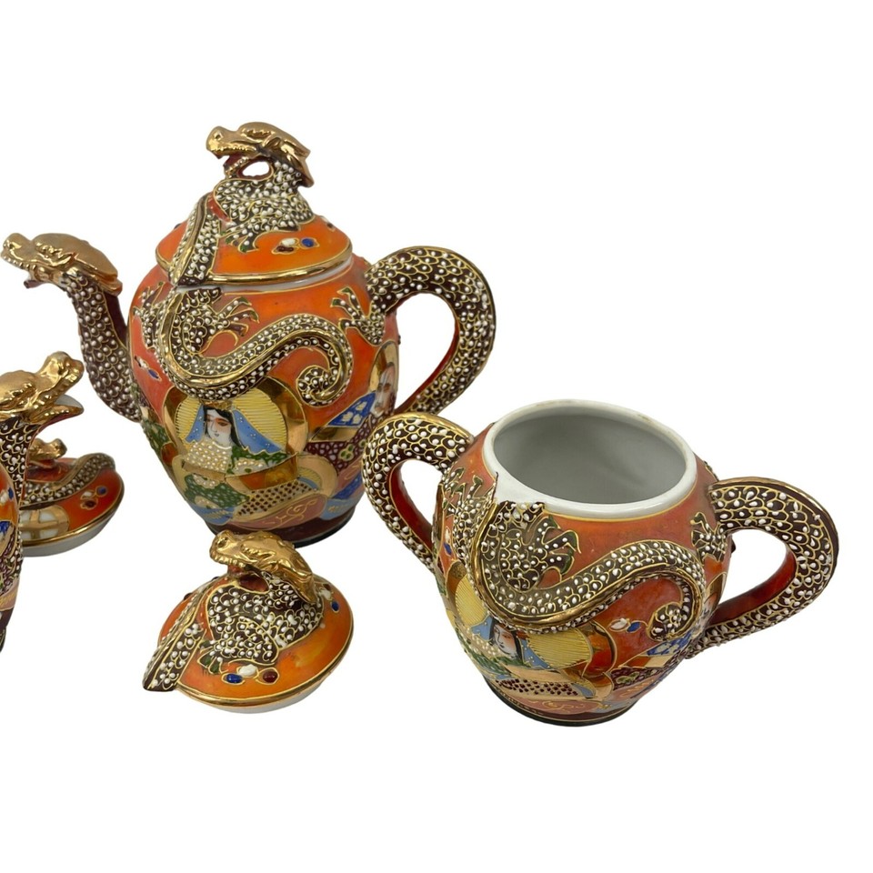 Antique Japanese Satsuma Tea Set with Dragonware Moriage Gold Rimmed | eBay
