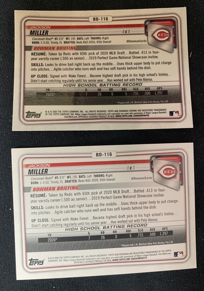 JACKSON MILLER 2020 Topps 1st Bowman Draft Paper & Chrome BD-116 ...