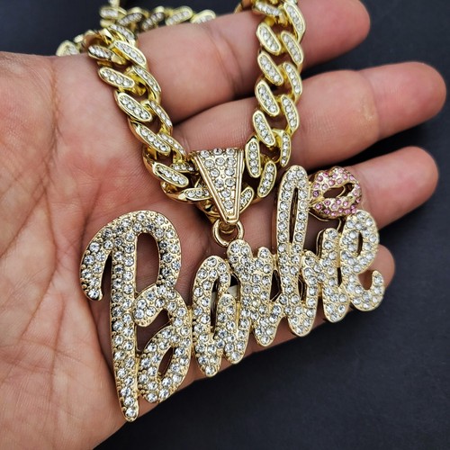 Women Gold Plated Large Barbie Charm & Iced Cubic Zirconia Cuban Chain ...