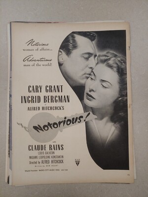 1946 VTG Orig Magazine MOVIE Ad Hitchcock's NOTORIOUS Cary Grant Ingrid ...