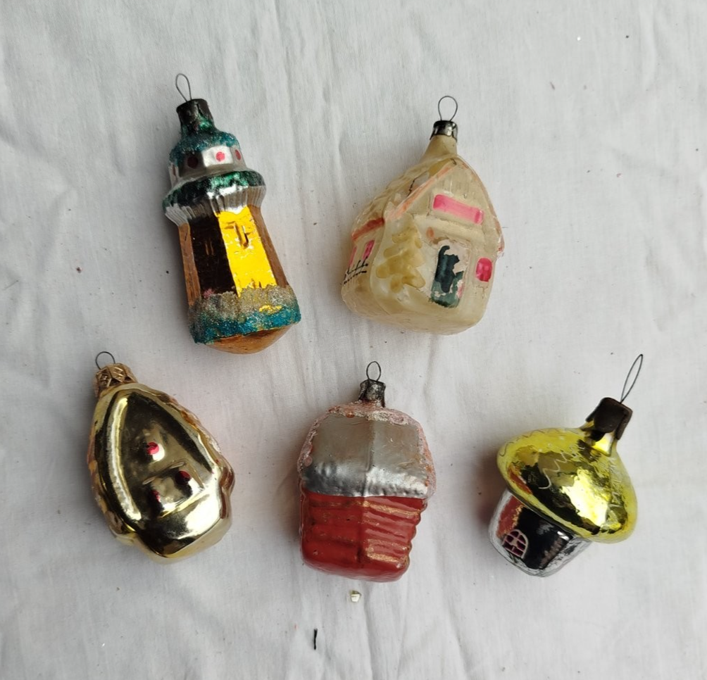 Vintage Glass Christmas Ornaments USSR Houses CCCP Xmas Decorations ...