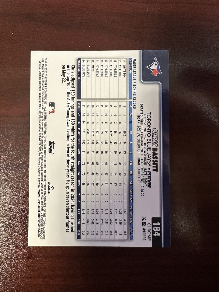 2025 Topps Chrome Chris Bassitt Prism Refractor Toronto Blue Jays Card #184 | eBay