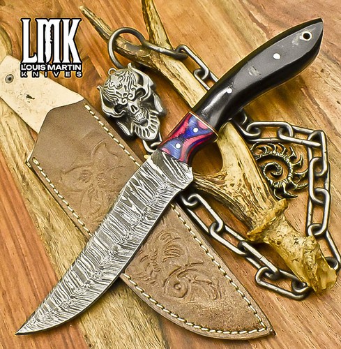 LMK Hand Forged Full Tang Knife Fire Damascus Bull Horn Wooden Bolster ...