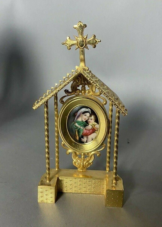 VINTAGE ANTIQUE PORCELAIN PORTRAIT PAINTING GILT FRAME RELIQUARY ICON ...