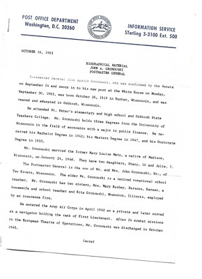1963 Biographical sketch for Postmaster General Gronouski | eBay