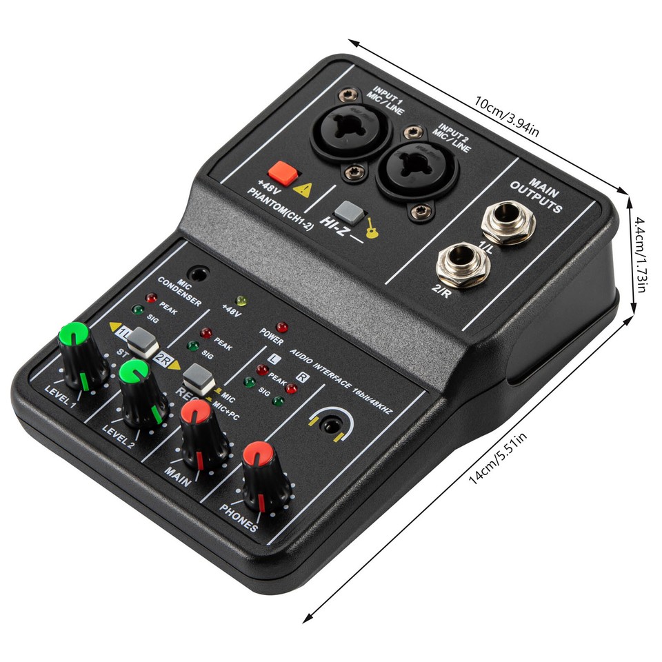 2-Channel USB Audio Mixer with Phantom Power and Real-Time Monitoring ...