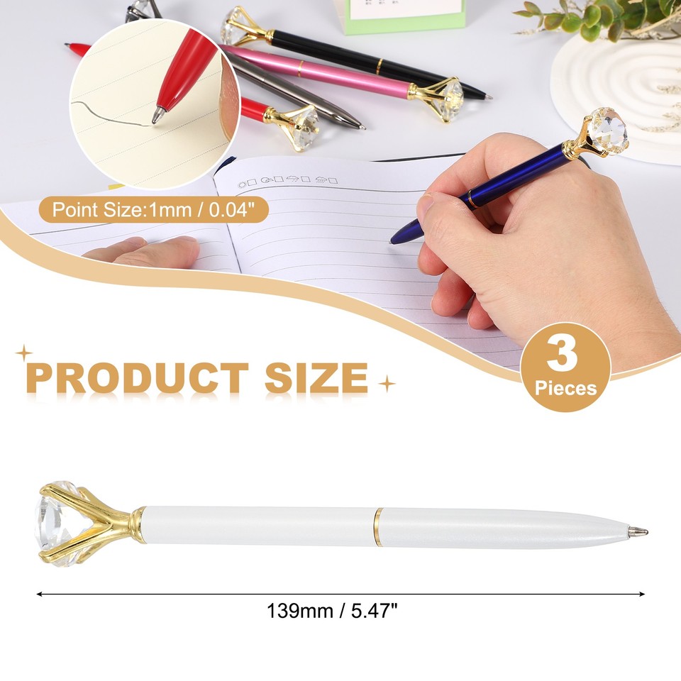 Black Ink Ballpoint Pen, 3pcs Crystal Diamond Twist Pen 1.0mm, White ...