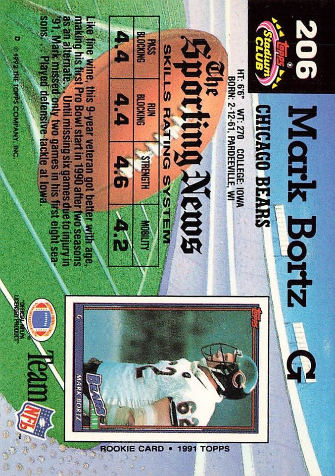 1992 Stadium Club #206 Mark Bortz Chicago Bears | eBay