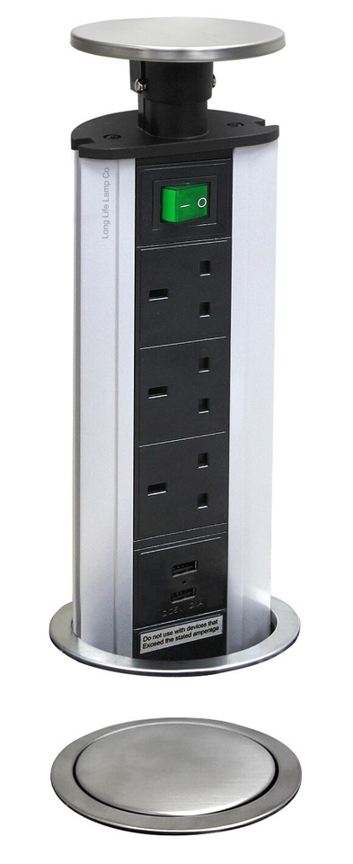 POP UP Power Tower 3 Socket 2 USB with Safety Switch Silver/Stainless ...