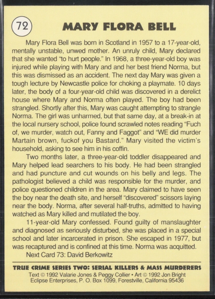 1992 True Crime Series 2, Killer Trading Card #72 😎 MARY FLORA BELL ⚔️ | eBay