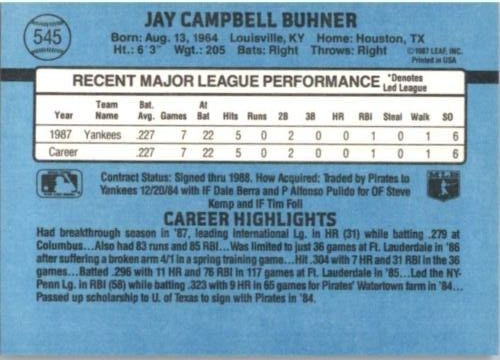 JAY BUHNER Rookie Card #545 1988 Donruss New York Yankees Outfield | eBay