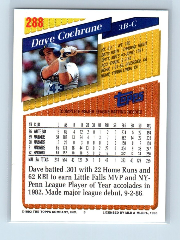 1993 Topps Straight from the pack!!! Dave Cochrane Seattle Mariners ...