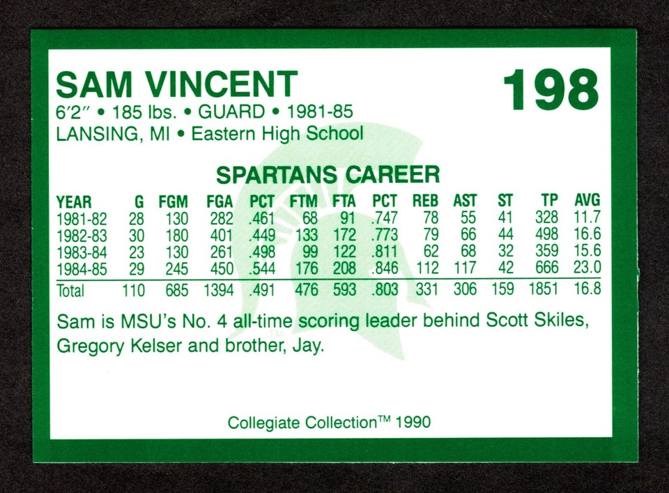 SAM VINCENT 1990 Collegiate Collection #198 MICHIGAN STATE SPARTANS ...