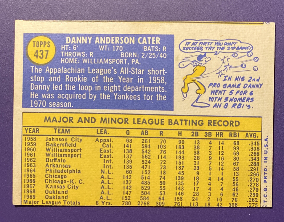 Danny Cater - Yankees 1970 #437 Topps Baseball Card - Very Good | eBay