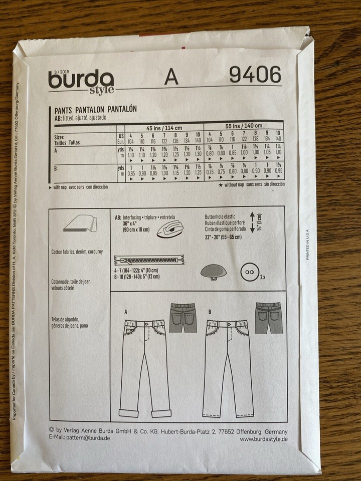 Burda Kids 9406 Boys Size 4-10 Pants Jeans Sewing Pattern; Pockets ...