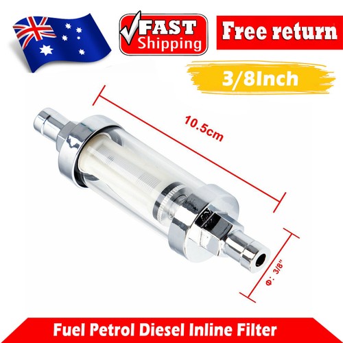 3/8INCH CLEAR GLASS INLINE FUEL FILTER IN & OUT CHROME PLATED HOSE ...