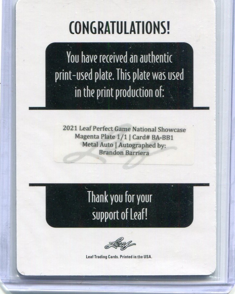 2021 Leaf Perfect Game Showcase Magenta Printing Plate Brandon Barriera ...