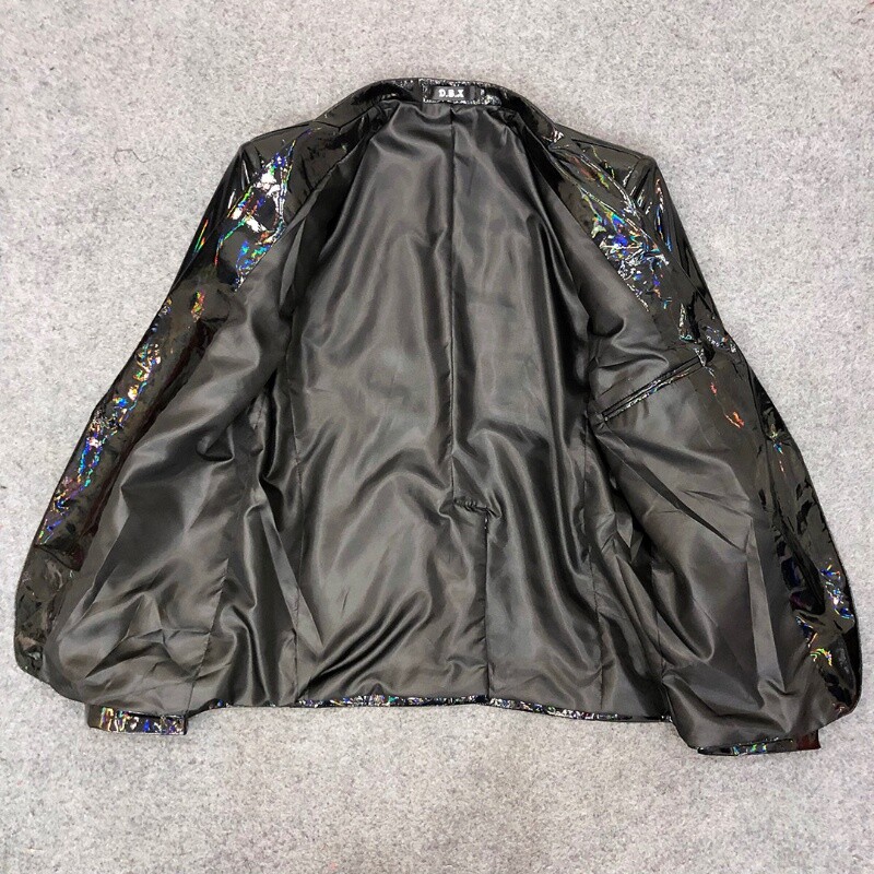 Men Blazer Jacket Coat Laser Holographic Shiny Tops Faux Leather Stage ...